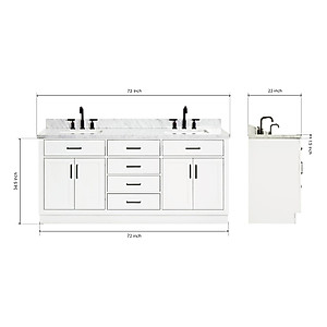 DKB Isabella Double Vanity 73" White with 1.5" Edge Italian Carrara Marble Countertop & Splash, Rectangular Sinks, 4 Soft Closing Doors, 6 Full Extension Dovetail Drawers, Toe Kick, Matte Black