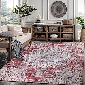 CAMILSON Printed Area Rugs with Ultra Thin Super Strong for Living Room Bedroom, Distressed Vintage Rug 5x7, Stain and Water Resistant, Bohemian Indoor Carpet (5 x 7, Rust Red)