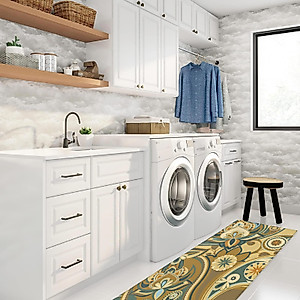 Runner Rugs, Paisley Culture Asian Retro Style Cashew Flowers Texture Non Slip Low Profile Hallway Runner Rug for Entryway Entrance Kitchen Laundry Room Bedroom, 18"X59"