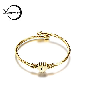 MiniJewelry Initial C Gold Heart Bangle Cuff Bracelet for Women Alphabet Letter Name Stainless Steel