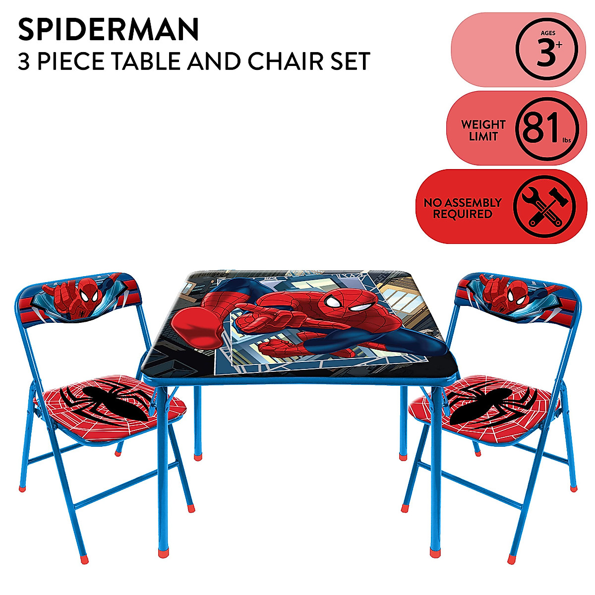 Idea Nuova Marvel Spiderman 3 Piece Children's Activity Square Table and Chair Set, Ages 3+ (NN201039)