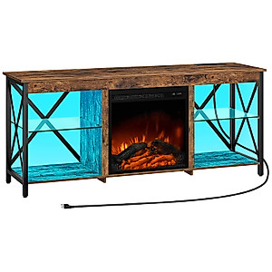 HOOBRO Fireplace TV Stand with Led Lights and Power Outlets, Wooden Media Entertainment Center Console Table with Glass Shelves, Fireplace TV Console for TVs up to 65", Rustic Brown BF140UDDS01