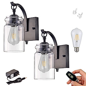 SKIVTGLAMP Industrial Glass Wall Sconce Rechargeable Battery Operated LED Picture Lights with Remote, Cordless E26 LED Black Wall lamp Dimmable Wall lamp for Hallway No Drilling Aisle 2PCS