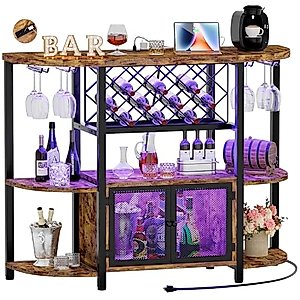 Hyomdeck Wine Bar Cabinet with LED Lights and Power Outlets, Industrial Coffee Bar Cabinet for Liquor and Glasses, Farmhouse Bar Cabinet with Freestanding Wine Racks for Kitchen/Dining, Rustic Brown