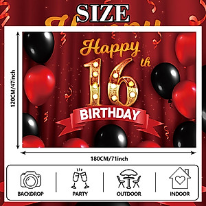 Happy 16th Birthday Red Banner Gold Backdrop Red and Black Balloons Theme Decor for Girls Women Princess 16 Years Old Birthday Party Supplies Photo Booth Props Background Favors Decorations Glitter