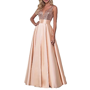 V Neck Prom Dress Sequins Satin Long 2025 New Formal Evening Dresses Ball Gowns for Women with Pockets Rose Gold
