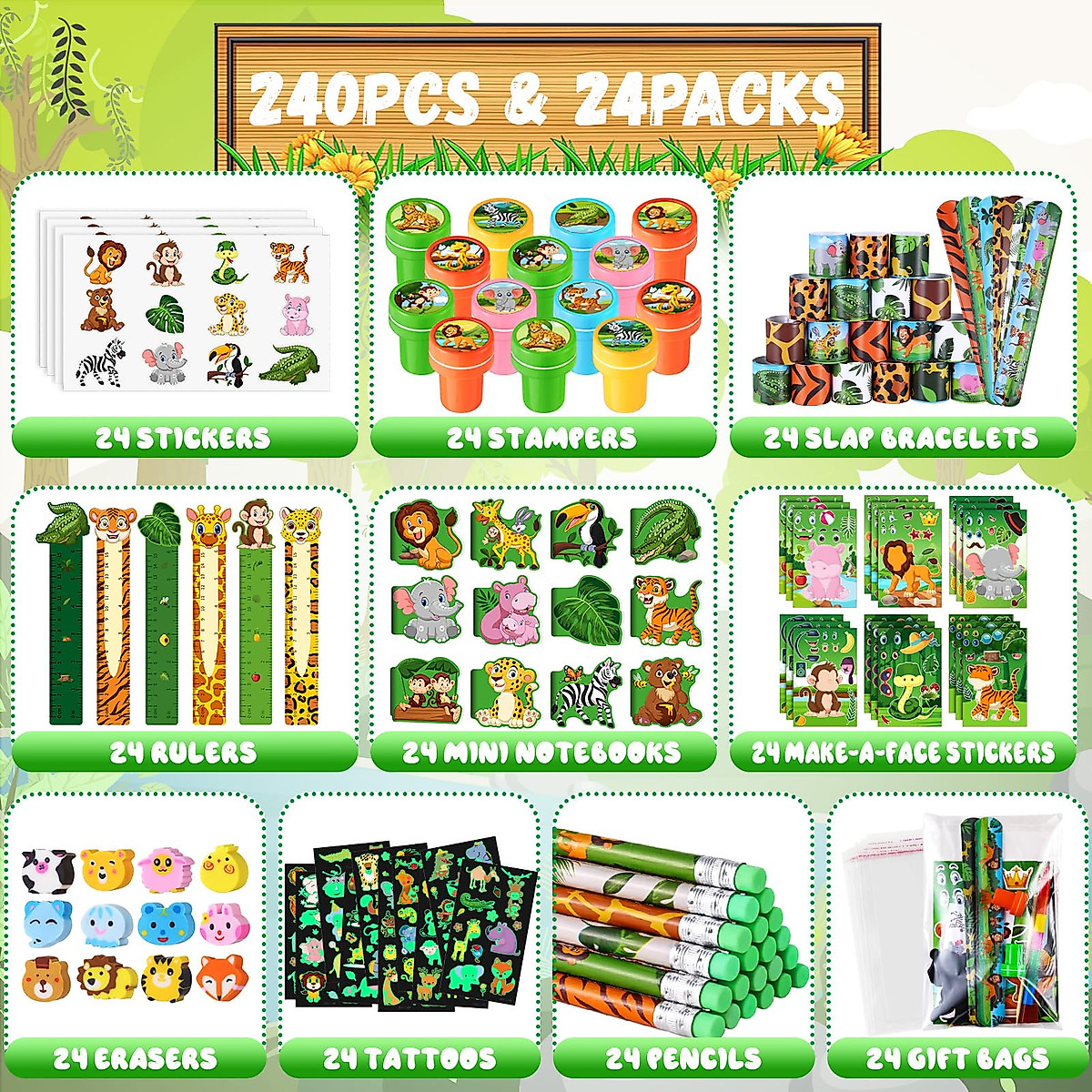 BenLouis 240Pcs Jungle Safari Party Favors Zoo Animals Sticker Stampers Slap Bracelets School Stationery Set Bulk Classroom Prizes for Kids Wild One Party Baby Shower Goodie Bags Fillers