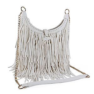 LUI SUI Women's Fringed Faux Suede Leather Cross Body Bag Chain Shoulder Bag Tassel Handbag (White)