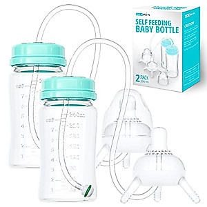 Skywin Self Feeding Baby Bottle with Straw 8oz Bottle Holder for Baby, Anti Colic, for Convenient Feeding (Green)