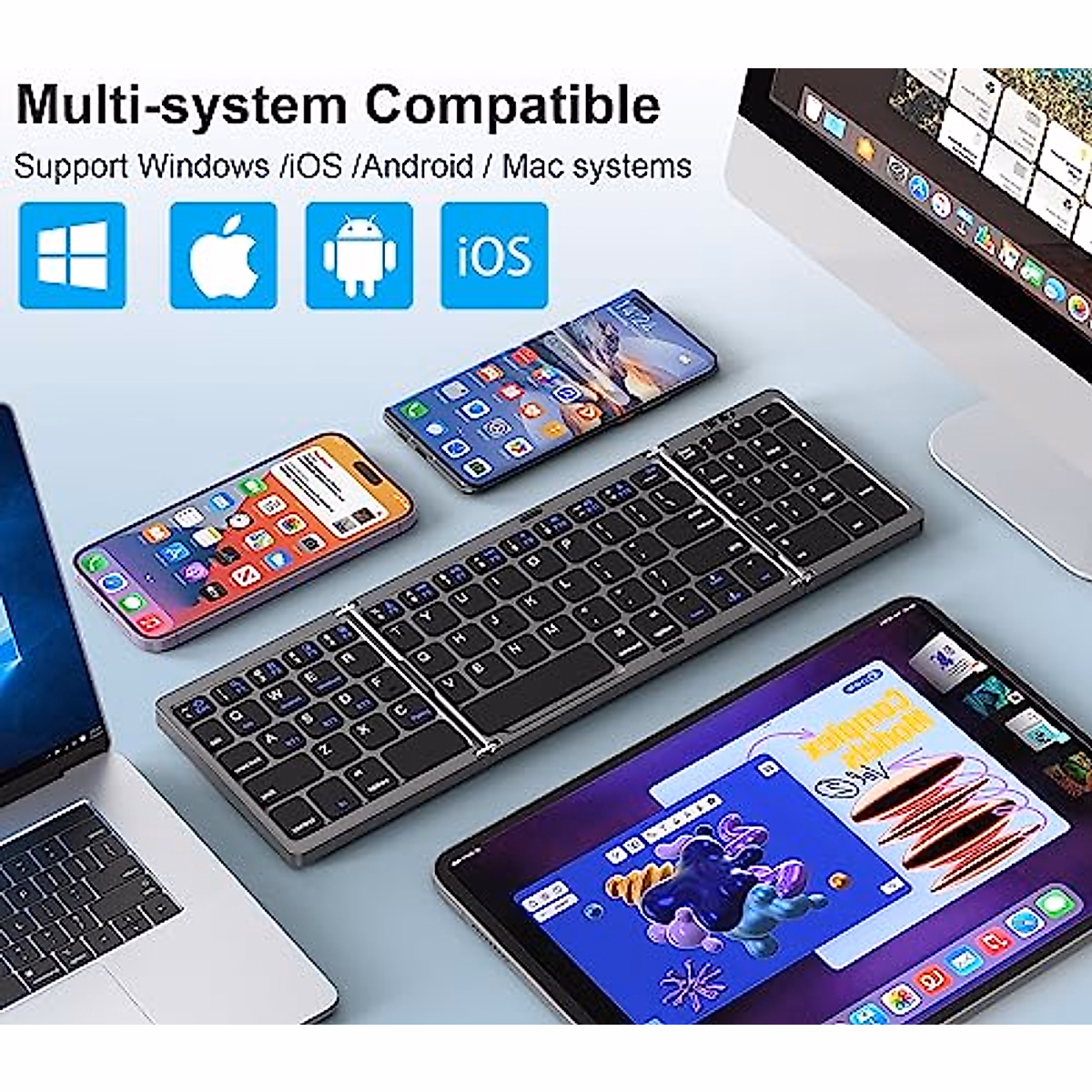 MoKo Foldable Bluetooth Keyboard, Multi-Device Folding Wireless Keyboard with Number Pad, Portable Keyboard for Laptop Tablet Phone, USB-C Rechargeable Travel Keyboard for Windows iOS Android, Gray