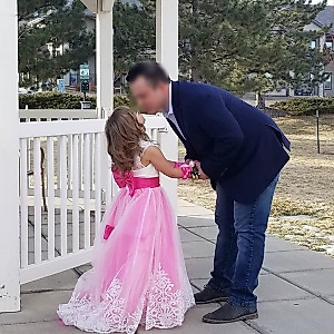 Princess Hot Pink Long Girls Pageant Dresses Kids Prom Puffy Tulle Ball Gown US 6