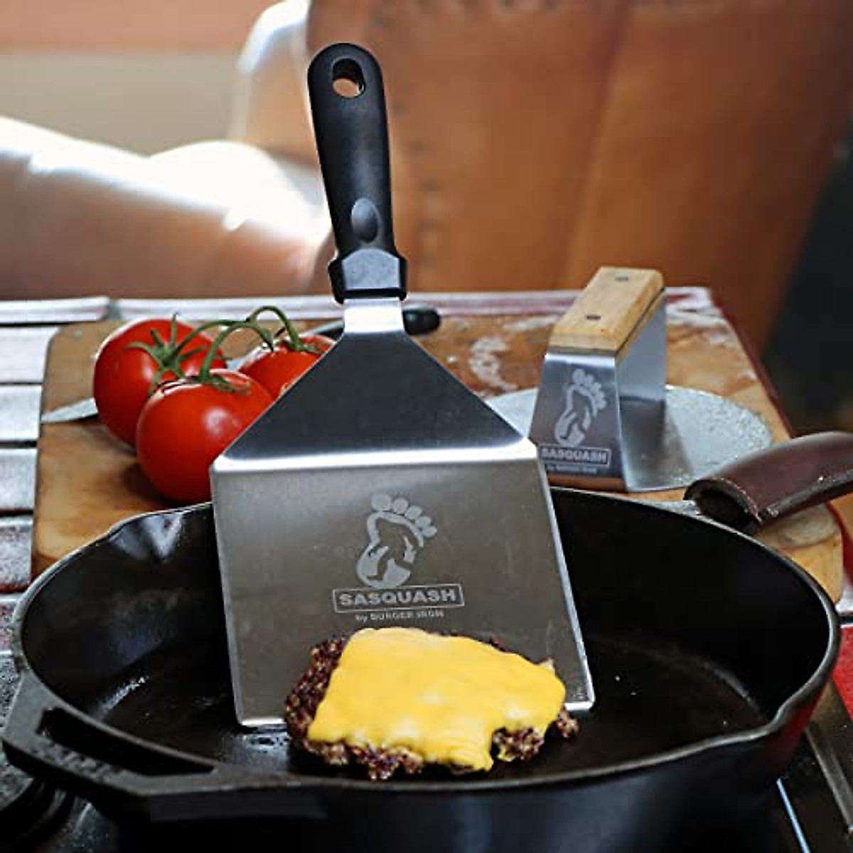 The Sasquash Spatula - Commercial Grade 5.5" Extra Wide Smashed Burger Turner - Heavy Duty One Pound Stainless Steel Griddle and Grill Tool