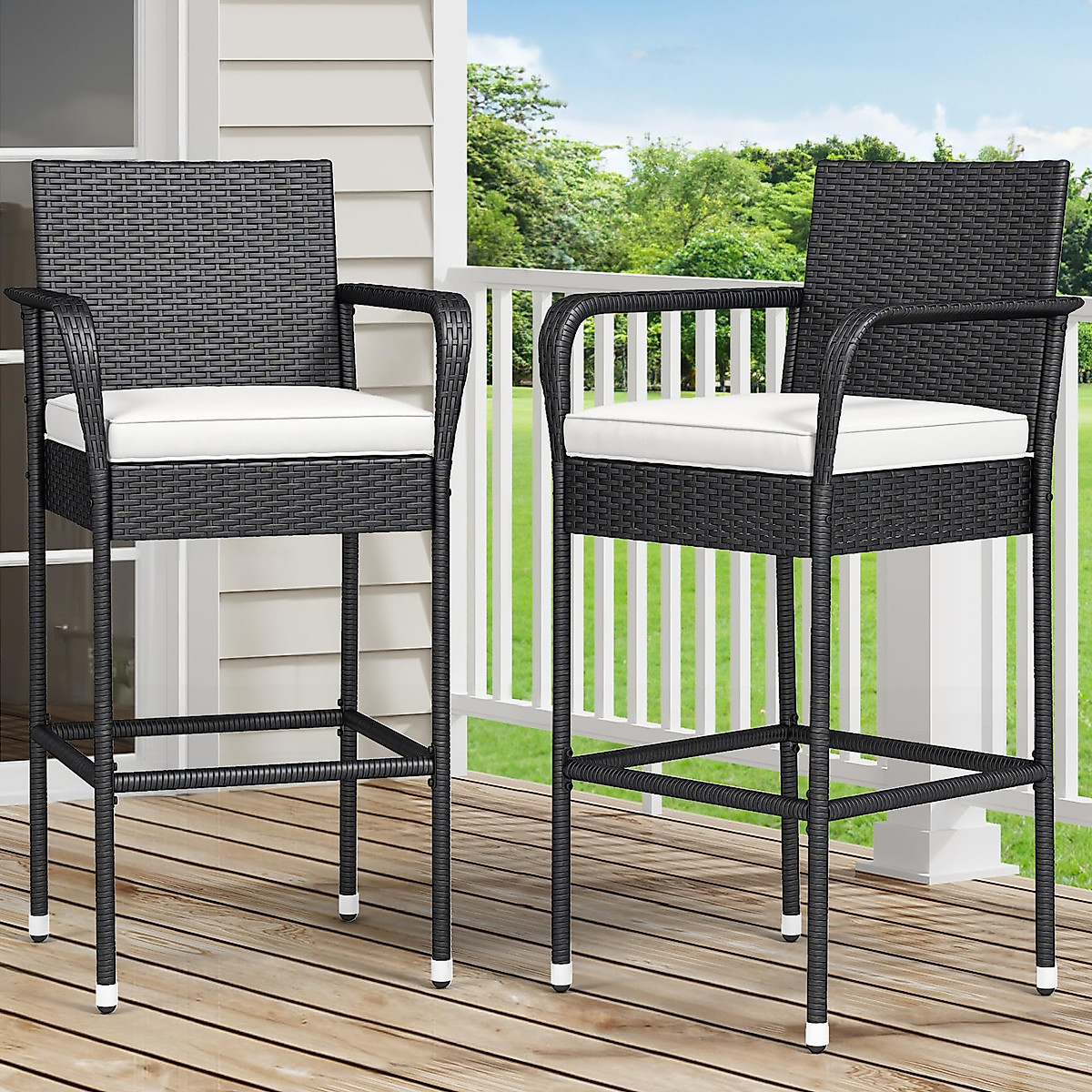 YITAHOME Outdoor Wicker Bar Stools Set of 2, Patio Wicker Counter Stools with Armrest & Backrest, Outdoor Bar Height Chairs with Soft Cushions for Backyard Pool Garden Deck, Black