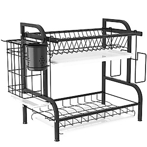 C&AHOME 2-Tier Dish Drying Rack, Large Capacity Stainless Steel Dish Drainer with Utensil Holder, Knife Holder, Cutting Board Holder, 3 Removable Drain Board and Adjustable Feet for Kitchen Black