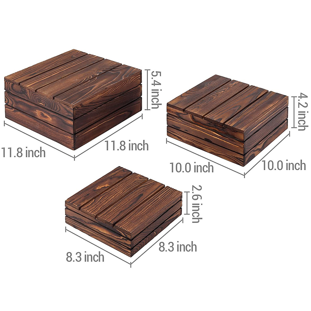 MyGift Rustic Burnt Dark Brown Solid Wood Reversible Stackable Display Box Riser Stands or Decorative Square Crate Style Nesting Storage Bins, 3-Piece Set