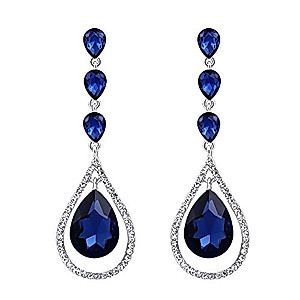 EVER FAITH Austrian Crystal Bridal Hollow-out Teardrop Pierced Dangle Earrings Blue Silver-Tone