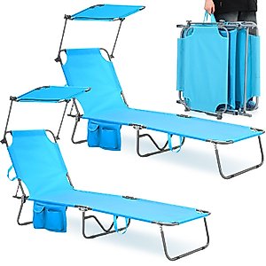 Wenqik 2 Pcs Foldable Beach Lounge Chair with 360° Canopy Sun Shade, Side Pocket, Carry Handle Beach Sunbathing Recliner Tanning Chair 4 Position Adjustable Backrest for Outside, Patio, Poolside