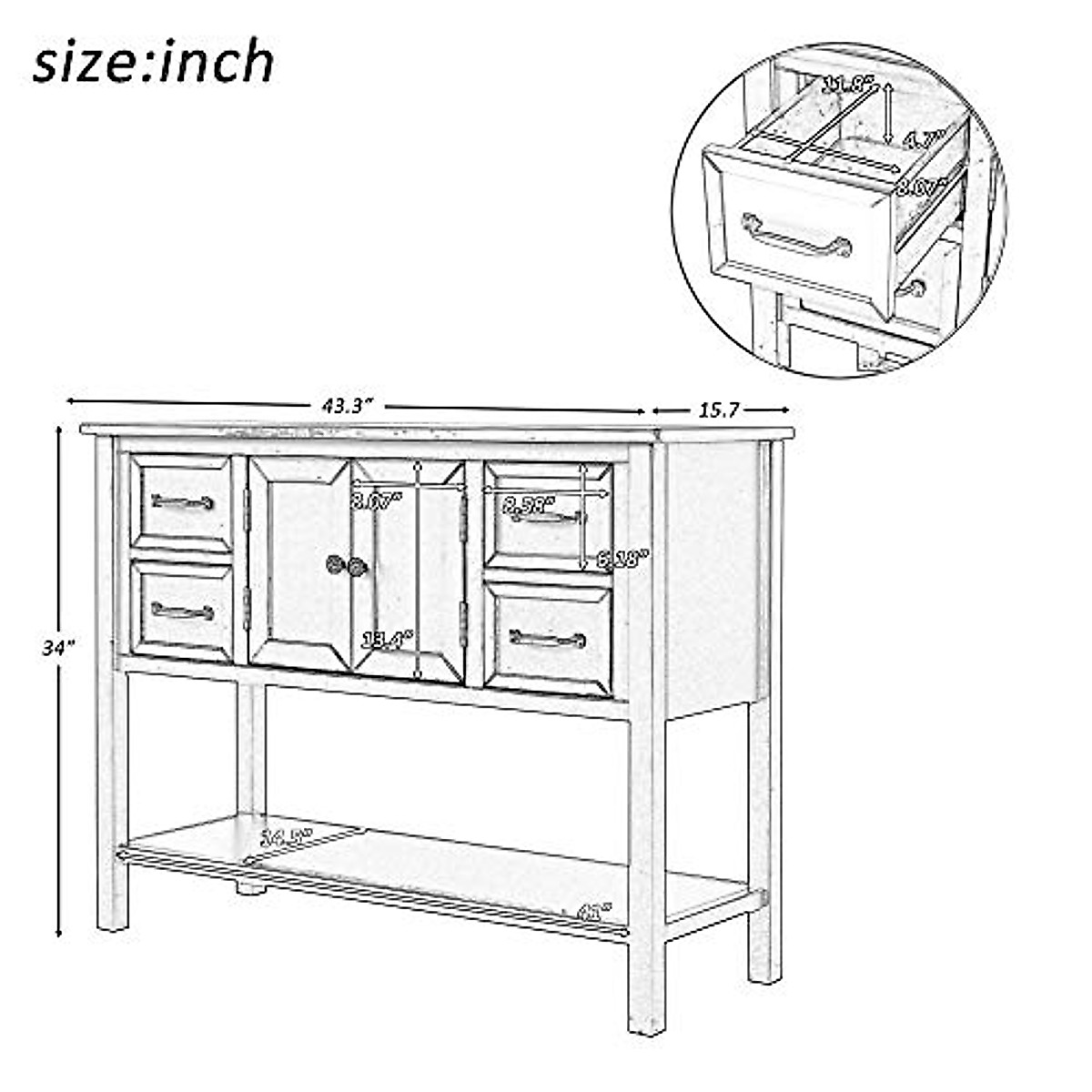 Modern Console Table Sofa Table, 43'' Sideboard Storage Cabinet with 4 Drawers, 1 Cabinet and 1 Shelf, Entryway Table for Living Room/Kitchen Dining Room (Espresso+P@)
