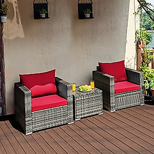 SAWQF 3 PC Patio Rattan Furniture Bistro Set Cushioned Sofa Chair Table Red