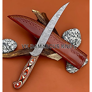 Damascus Boning Knife Fillet Knife 13" Handmade Thin Sharp Progessional Chef Kitchen Knives with Leather Sheath Wood Handle vk5524