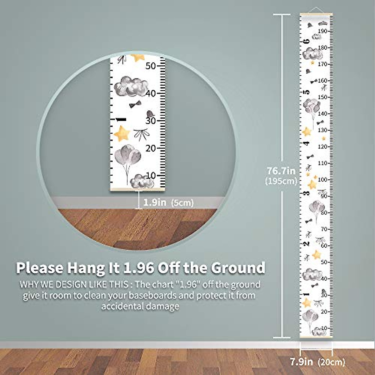 ASENART Kid Children Height Cloud and Ballon Growth Chart Ruler Growth Wall Chart Art Waterproof Hanging Rulers for Kids Bedroom Nursery Wall Decor Removable