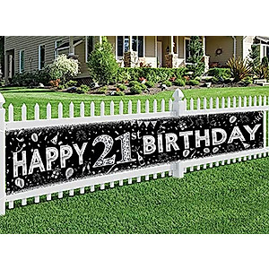 21st Birthday Decorations Yard Sign Banner Black Sliver Large Indoor Outdoor Happy Birthday Banner for Finally Legal Men Or Women Party Supplies