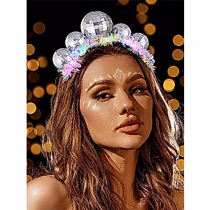 Catery Disco Ball Headband Light Up Headband Disco Headpiece Silver Mirror Ball Head Bopper Hair Hoop Headband Disco Party Costume 1970s Disco Hair Accessories for Women and Girls