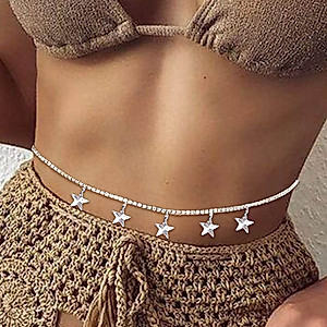 GEMILY Silver Star Waist Chains Rhinestone Belly Chains Sparkle Beach Body chains Jewelry Party Accessory for Women and Girls