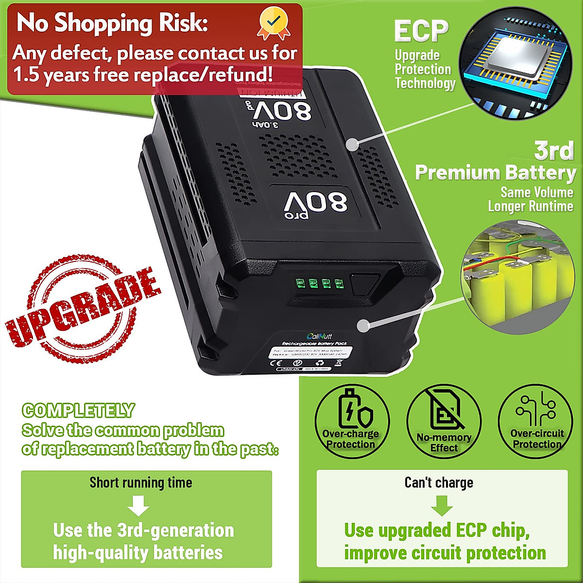【3rd-version】CaliHutt 3.0Ah 80V Replace Battery for Greenworks PRO 80V Max Lithium lon Battery GBA80200 GBA80250 GBA80400 GBA80500 2901302 for Greenworks 80V Cordless Power Tool (Only for Greenworks)