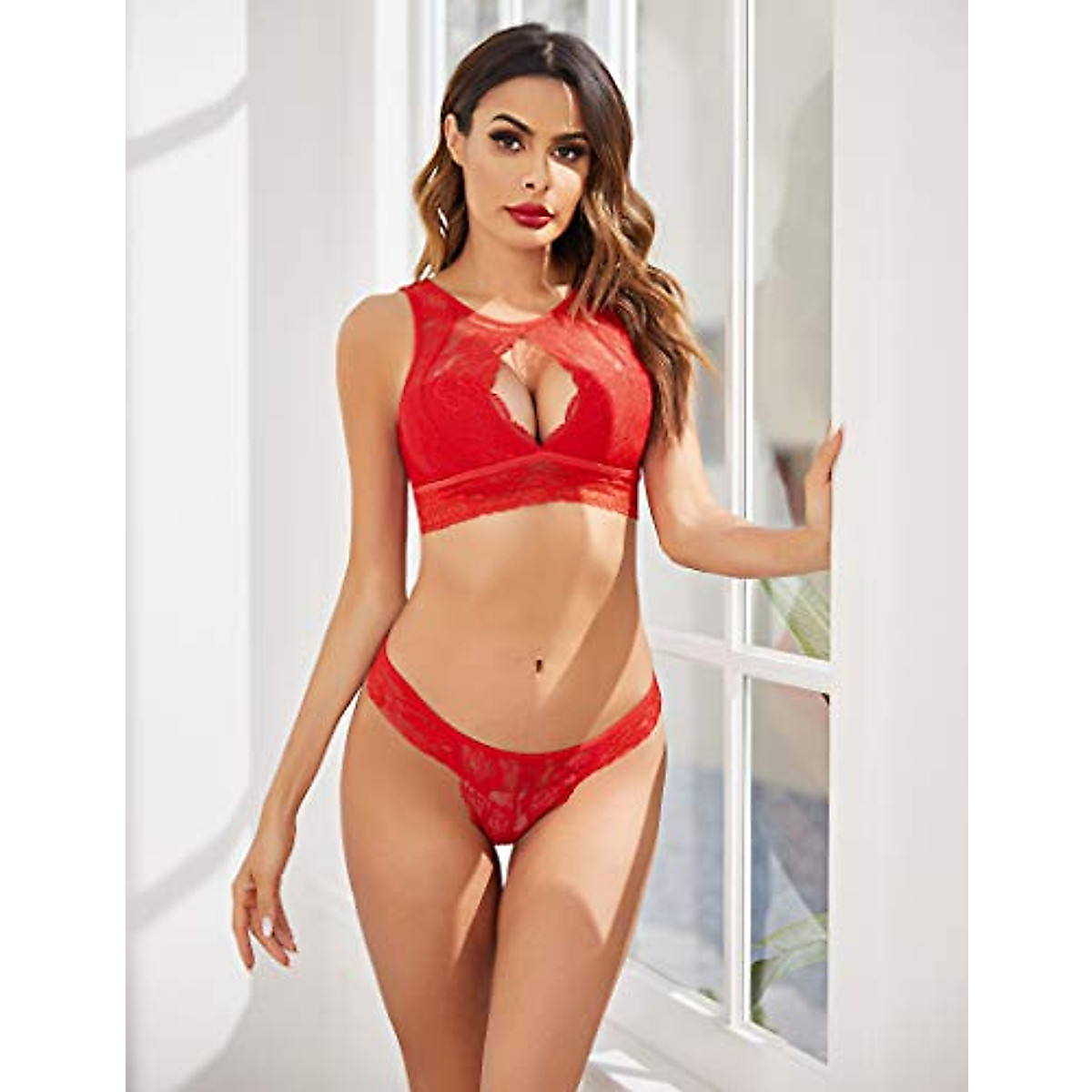 Avidlove Women Lingerie Sexy Lace Bra and Panty Set 2 Piece Babydoll Bodysuit Red Small