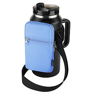 Gym Water Bottle Pouch for Stanley Tumbler with Handle, Universal Water Bottle Carrier Sling Sleeve with Strap & Pocket, Fits for A Variety of Stanley Tumbler, Gym Water Bottles for Owala, 40-128 oz