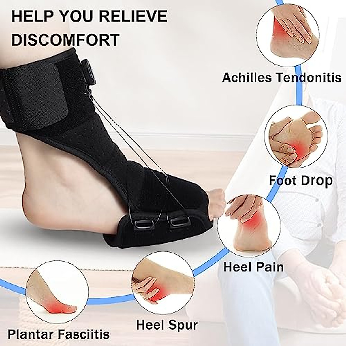 Plantar Fasciitis Relief Night Splint - Upgrade Achilles Tendonitis Brace with Rotating Knob Iron Wire Elastic Dorsal Night Splint, for Women & Men Plantar Fasciitis Relief Foot Drop Heel Arch Pain.