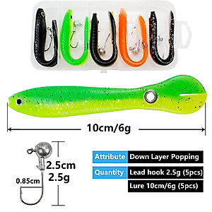 ZRUOYI 5 Pcs Soft Bionic Loach Bass Fishing Lures and Lead Head Jigs Fishing Hooks,Jerk Hopping Swim Bait,Swimming Simulation Lures for Saltwater & Freshwater