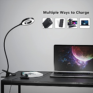 Juhefa Clip on Light, USB Powered LED Desk Lamp with Gooseneck for Reading in Bed, Headboard, Office, Makeup, 10-Level Dimmable, 3 Colors Changable (with Adapter)