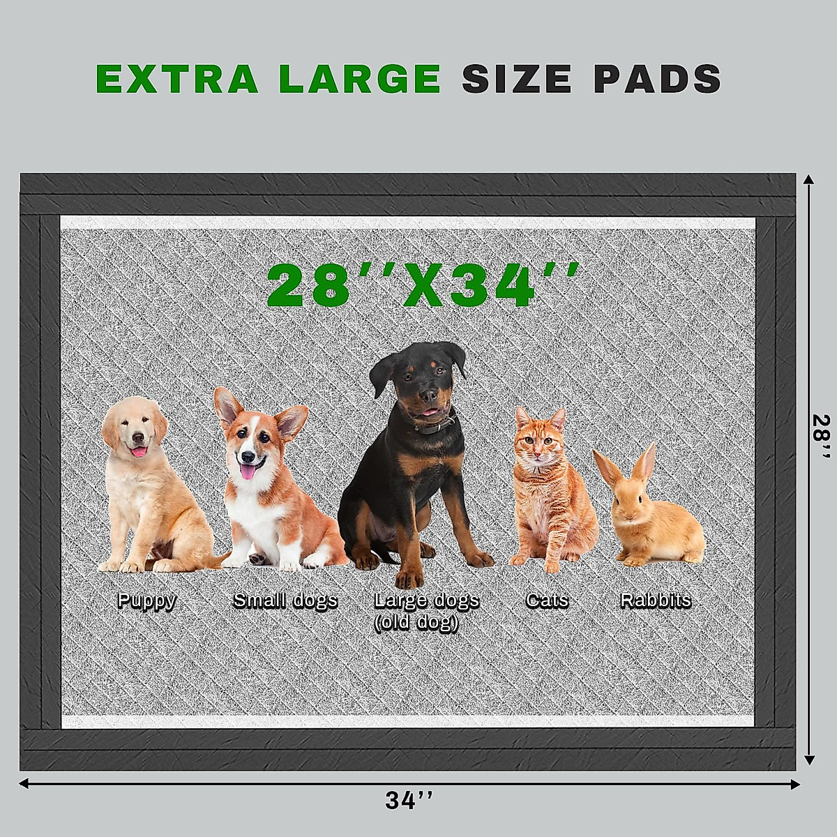 Charcoal Puppy Pads 28x34 Inches Extra Large Dog Pee Pads Odor-Control & Leak-Proof Disposable Pet Training Black New Edge-Wrapping Thicken Potty Pad for Dogs, Cats, Rabbits (30 Pieces)