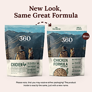 360 Pet Nutrition Raw Freeze-Dried Dog Food, High Protein, Balanced Meal, Chicken, Liver, Heart, Fruit, Veggies, Superfoods, No Fillers, 16 oz Food/Bites/Kibble (Chicken)