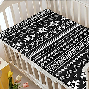 Aztec Themed Fitted Crib Sheet,Standard Crib Mattress Fitted Sheet Toddler Bed Mattress Sheets-Baby Sheet for Boys Girls, 28“ x52“,Black White