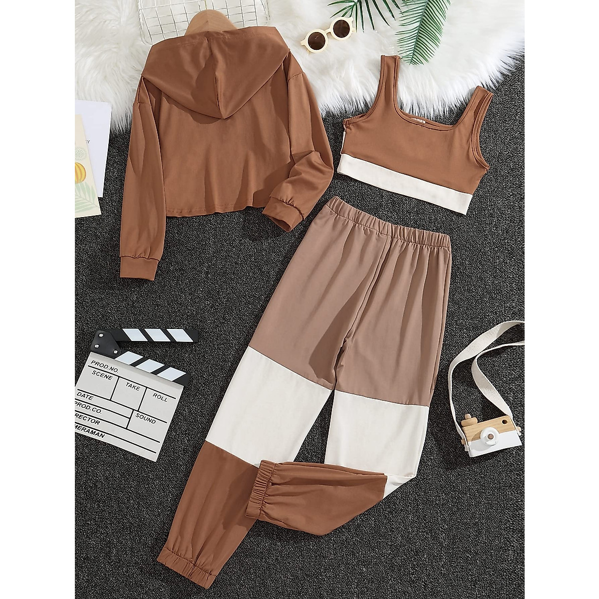 Milumia Girl's 3 Piece Outfits Colorblock Crop Tank Top and Sweatpants with Long Sleeve Hoodie Multicolor 11-12 Years