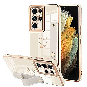 ZIYE Galaxy S21 Ultra 5G Luxury Electroplated Case with Strap Love Heart Plating Gold Bumper Cover for Women Girls Anti-Scratch Shockproof Back Phone Case for Samsung Galaxy S21 Ultra 5G