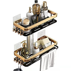 HOMHELP Shower Caddy Shelf, Wall Mounted Bathroom Shower Organizer with Removable Tower Bar,No Drilling Aluminum Alloy Caddy Rack for Bathroom, Kitchen, Bedroom and Toilet - 2 Pack