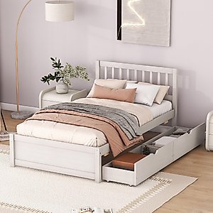 Harper & Bright Designs Twin Bed Frame with Storage Drawers,Wood Twin Beds with Drawers Underneath, Kids Twin Platform Bed with Headboard, No Box Spring Needed,White Washed