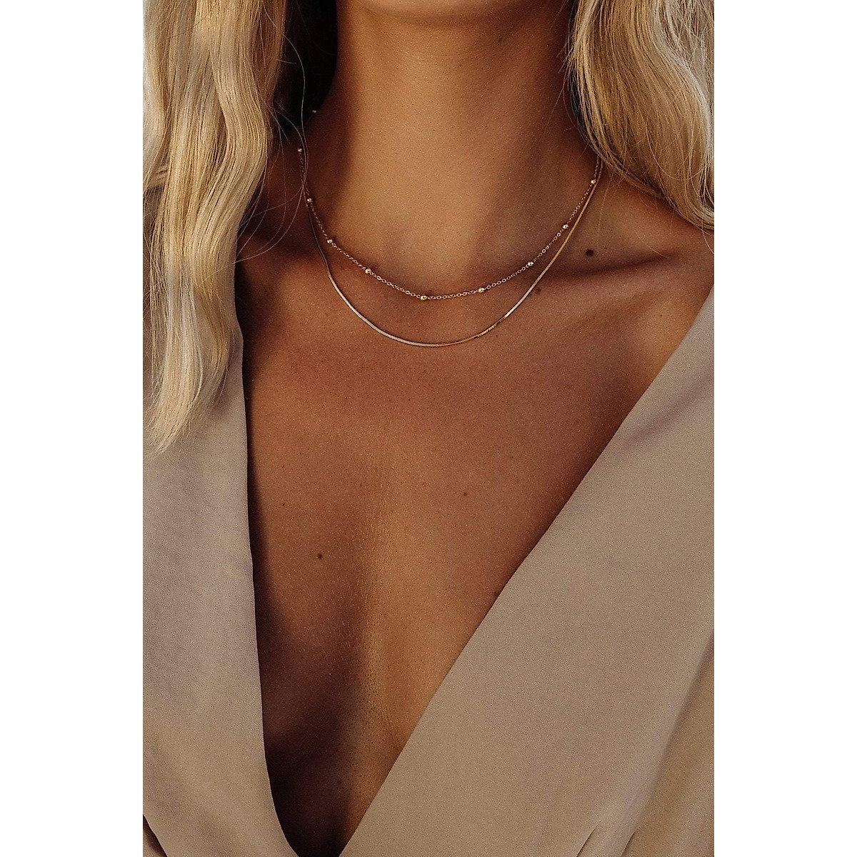 Awvialy Layered Gold Necklaces for Women 14k Gold Plated Beaded Herringbone Necklace Simple Layering Gold Chain Choker Necklaces for Women Cute Dainty Gold Necklace Trendy Gold Jewelry for Women