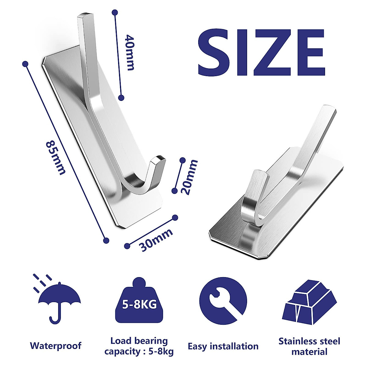 KIKISML [4 Pack Adhesive Hooks, Towel Hanger/Stainless Coat Hooks, Heavy Duty Stick on Hooks, Waterproof Sticky Hooks for Hanging Bathroom Kitchen Door, Silver