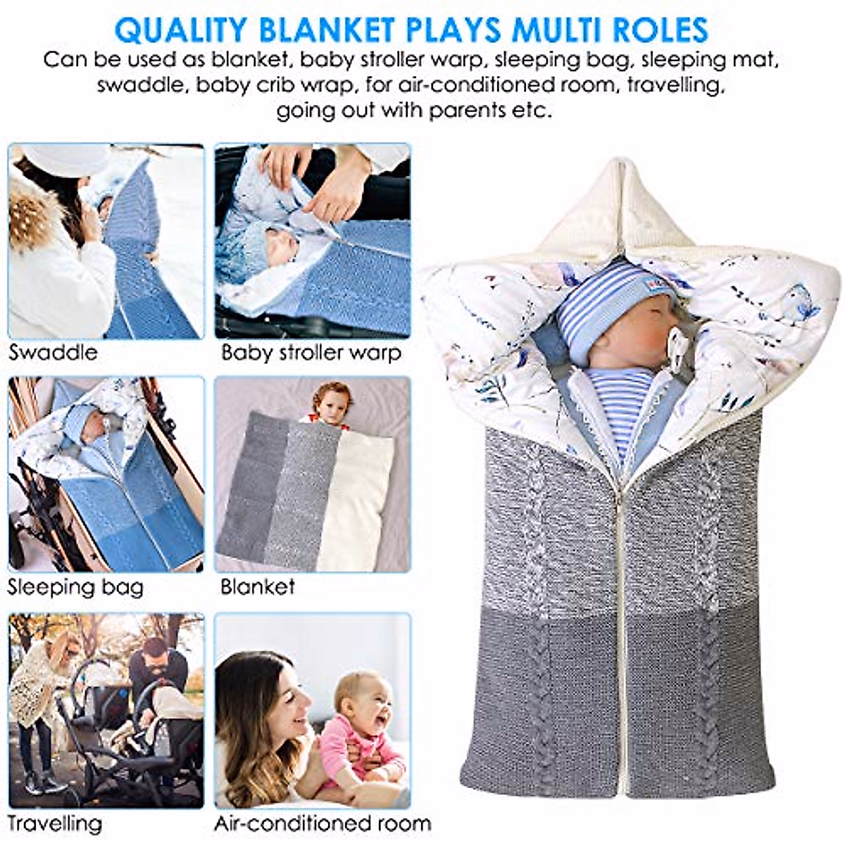 Petyoung Newborn Baby Swaddle Blanket, Multifunction Stroller Wrap Sleeping Mat Thick Warm Sleeping Bag for Baby Boys Girls 0-12 Months