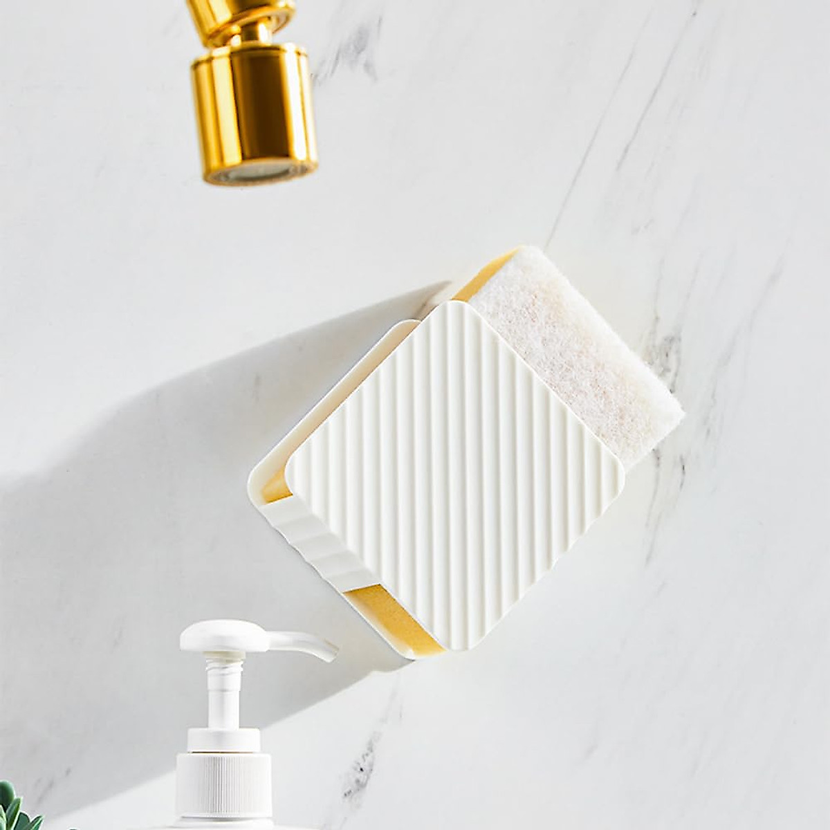 VALINK Sink Sponge Holder, Plastic Sink Sponge Caddy Sink Organizer Cleaning Cloth Storage, Adhesive Sponge Holder for Kitchen Sink White