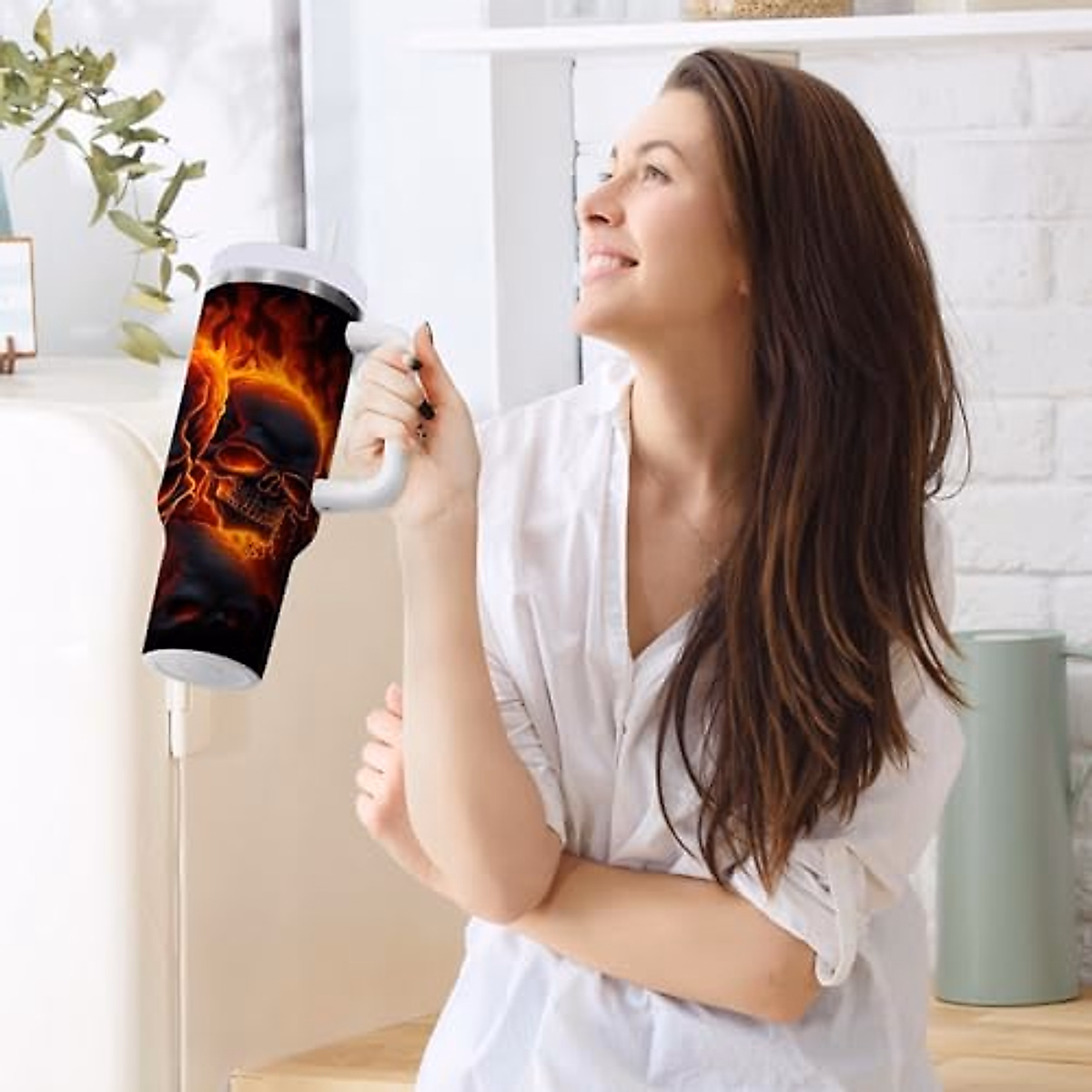 FLildon 40oz Tumbler with Handle and Straw Lid, Fire Skulls Insulated Coffee Mug Stainless Steel Water Bottle Leakproof Vacuum Travel Coffee Cup