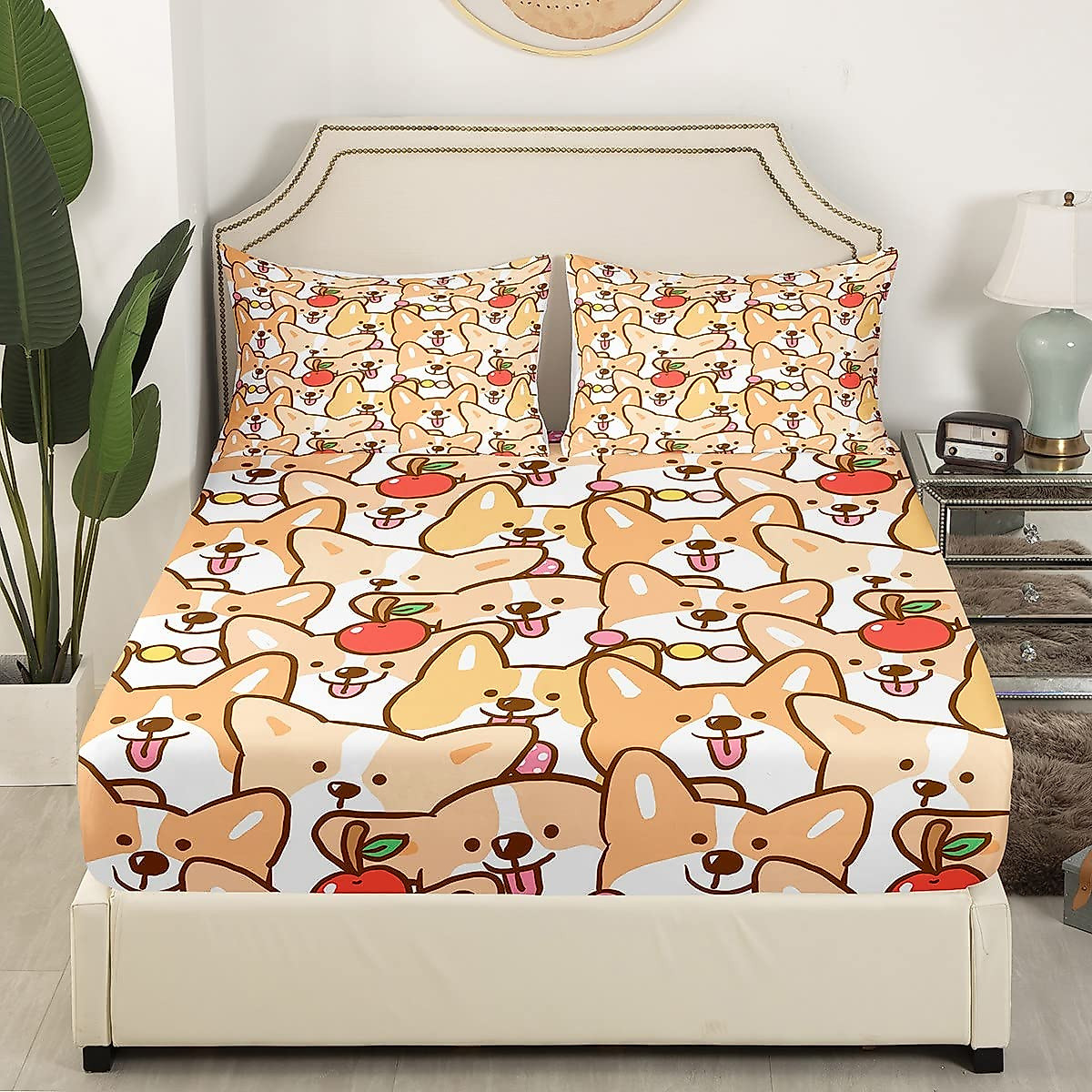 Erosebridal Kawaii Corgi Dog Bed Sheet Cute Puppy Animals Pattern 4 Piece Bed Sheets for Kids Teens Boys Girls, Cartoon Apple Decor Sheet Set Happy Pet Dog Sheets for Dog Lover, Full Size