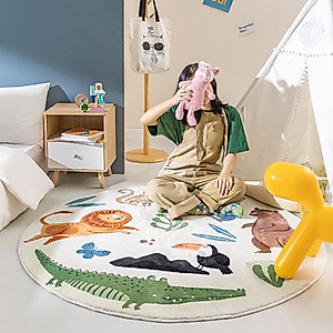 WREWING Round Rug 3.3ft, Cute Animals Large Non Slip Super Soft Plush Area Rug for Kids Room Playroom Nursery Bedroom, Educational Washable Circular Floor Mat for Home Room Decorative (Zoo)