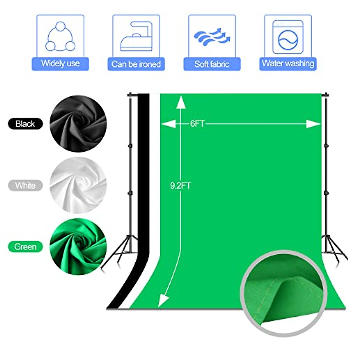 EMART Photo Video Studio Backdrop Stand Kit, 7×10ft Adjustable Photography Support System with Polyester Background(Black/White/Green Screen), Spring Clamps and Carry Bag for Photoshoot