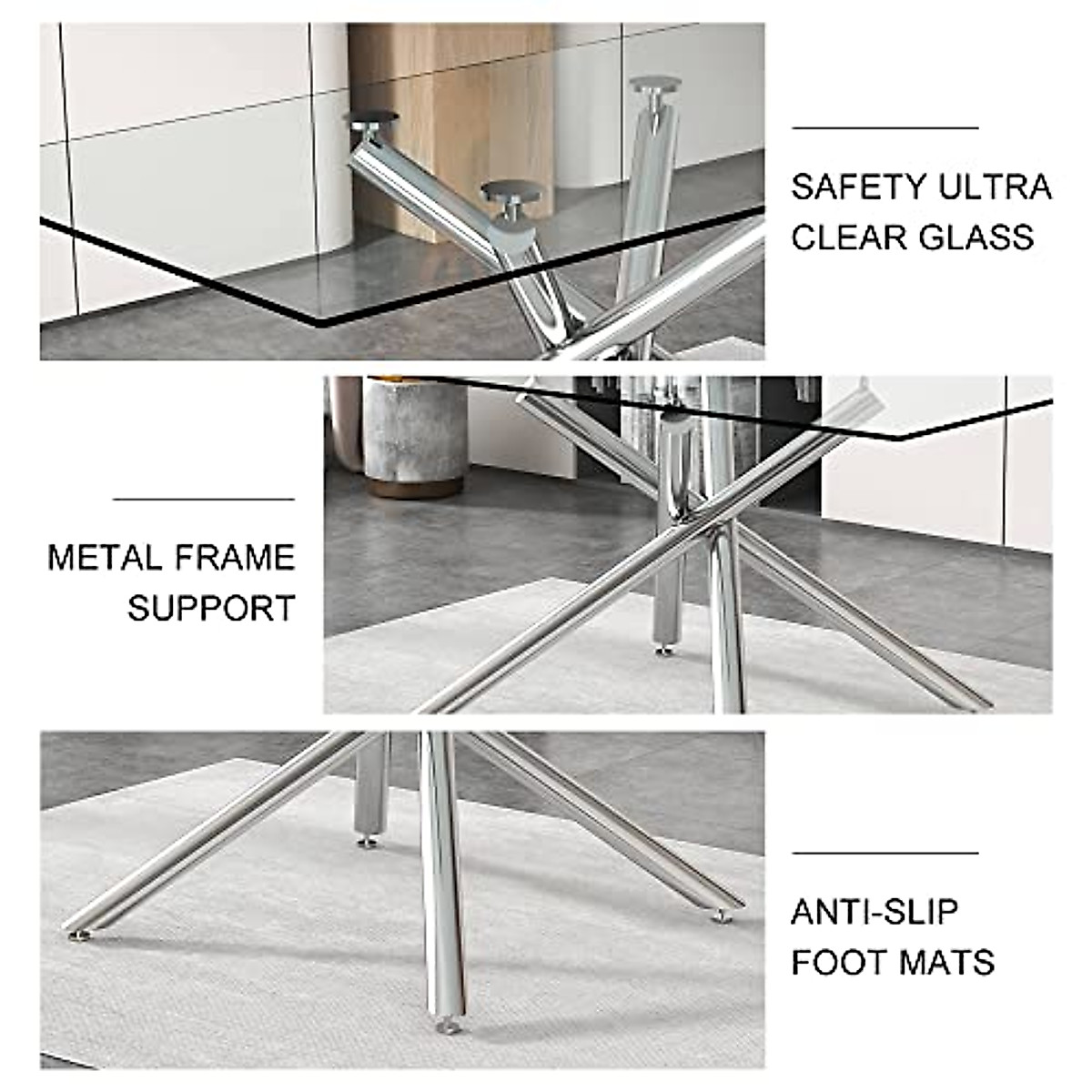 Maotifeys 63" Modern Glass Dining Table for 6 4,Kitchen Table Rectangle Tempered Glass Top Dining Room Table w/Silver X Shape Stainless Steel Pedestal Base,Glass Dinner Table for Kitchen Dining Room